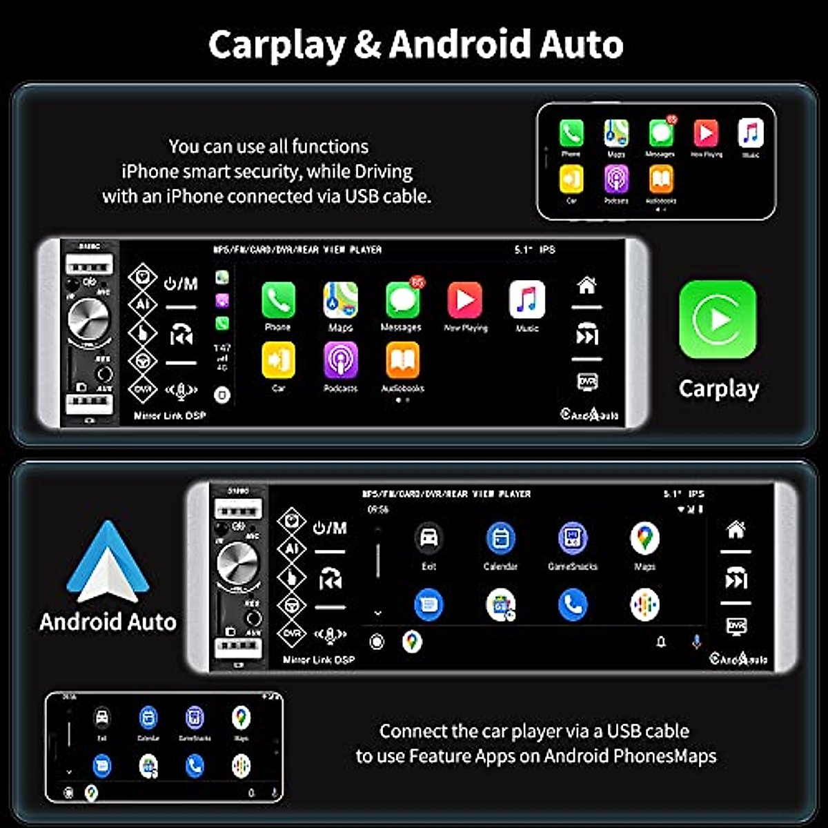 Car Radio Single Din with Apple Carplay Android Auto, 5.1 Inch IPS Touch Screen Car Stereo Support Bluetooth FM Mirror Link SWC Voice Assistant AUX-in USB TF Card Port with Backup Camera