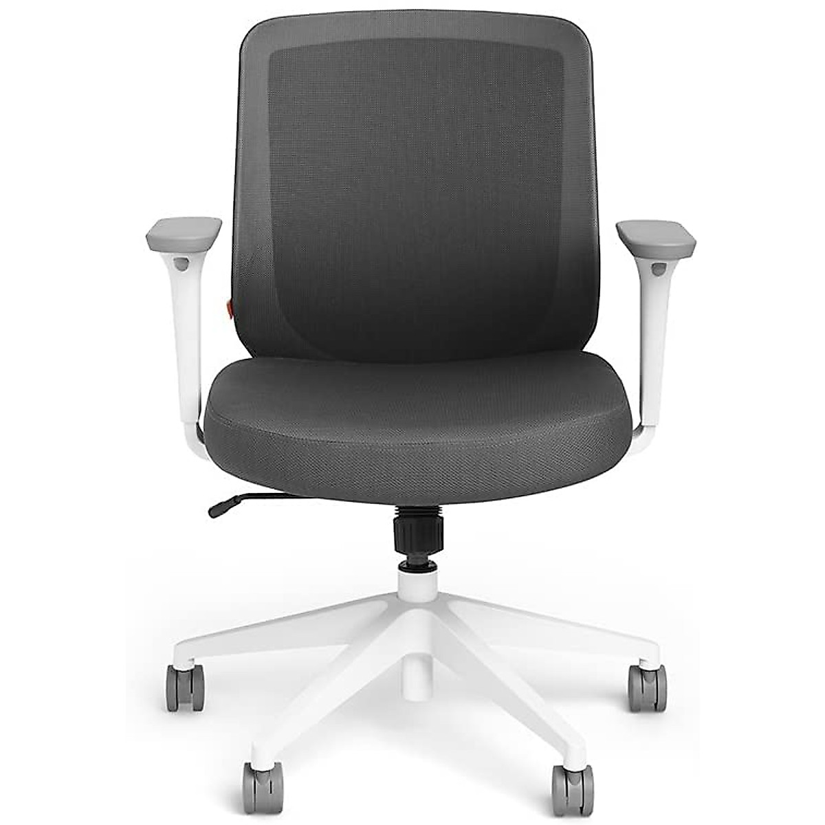 Poppin Mid Back Max Task Chair - Dark Gray Cushions + White Frame, Curvy Mesh Backrest, Adjustable Recliner, Armrest and Height Settings, 5 Caster Wheels for Easy Movement