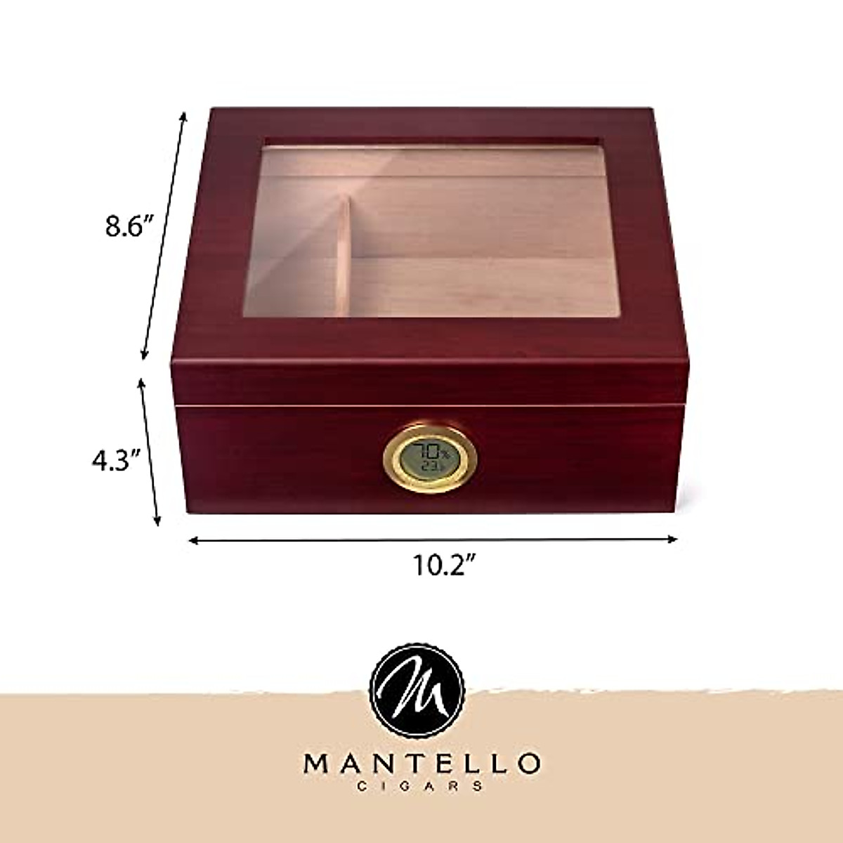 Mantello Humidor Cigar Box, Royal Glass-Top Cigar Humidors- Gifts for Men - Cigar Humidor Box for 25-50 Cigars with Digital Hygrometer & Divider - Spanish Cedar Wood Interior, Rich Cherry Finish