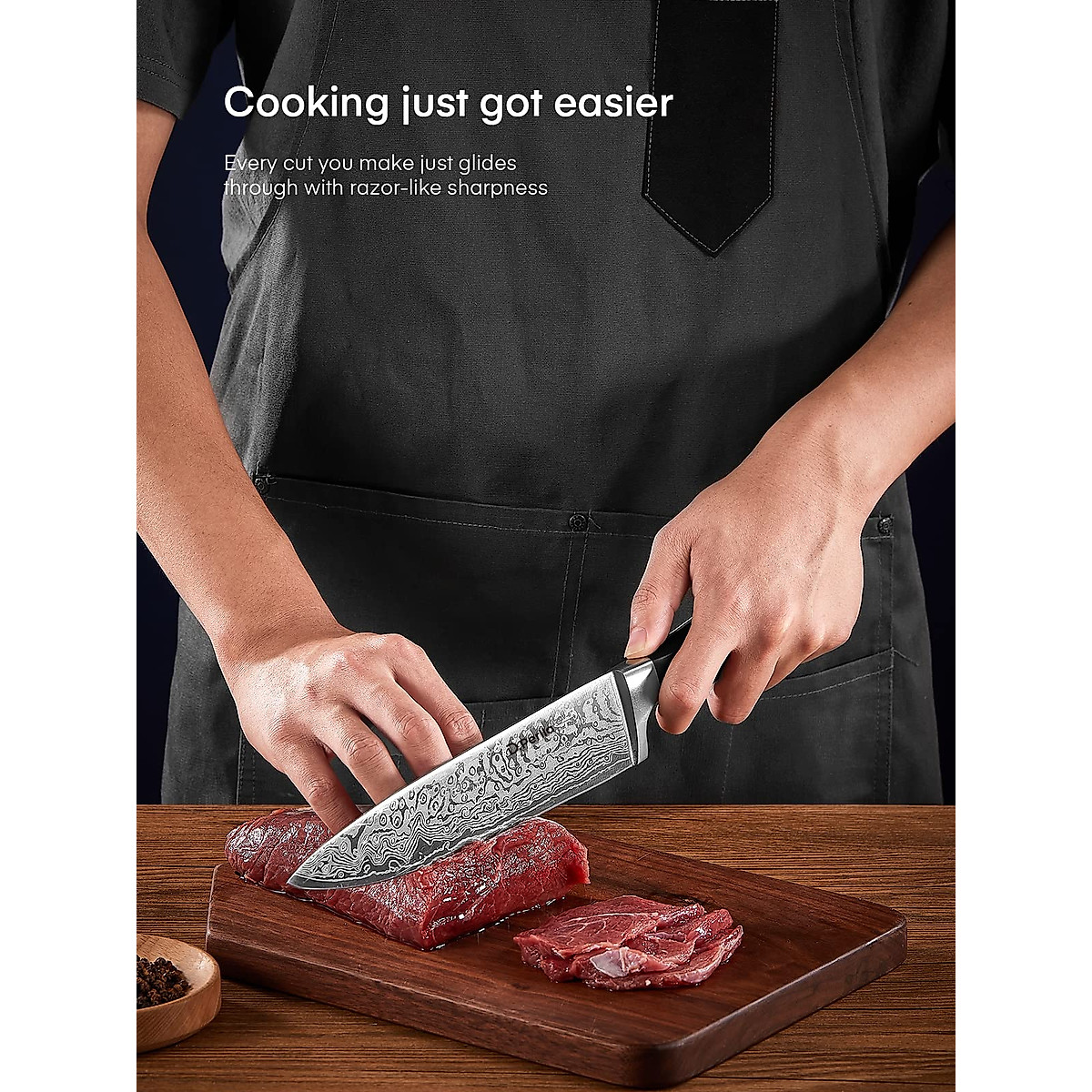 Knife Set, D.Perlla 14 Pieces Kitchen Knife Set with Built-in Sharpener, Stainless Steel Knives Block Set with Unique Waved Pattern, Non-slip Handle, Black