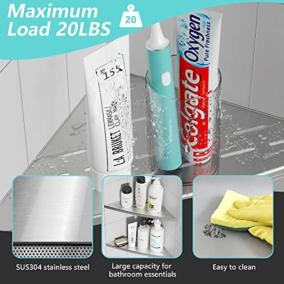 Qeke Corner Shower Shelf Brushed Nickel, 304 Stainless Steel 11.5” Recessed Corner Shelf Bathroom for Tiled Wall, Floating Shower Shelves Shampoo Holder, No Drilling, 2 Pack