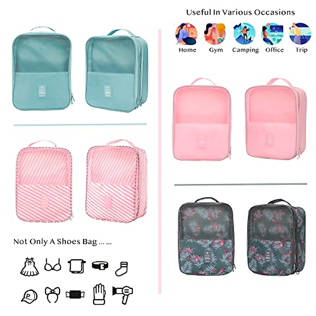 Travel Accessories Shoe Bags for Storage Travel Pouches, Travel Essentials Luggage Packing Cubes with Handle, Shoe Organizer for Suitcase with Luggage Handle Strap (Pink Striped)