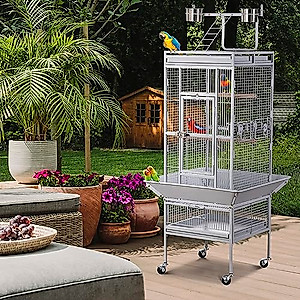 ZENY 61-inch Large Parrot Cockatiel Bird Cages with Wrought Iron Play Top, Aviary with Rolling Stand for Sun Parakeet Quaker Conure Lovebird Budgie Finch African Grey White Birdcage (White)