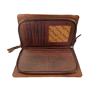 American Darling Womens Tooled Leather Sunflower Crossbody Clutch Purse, Brown