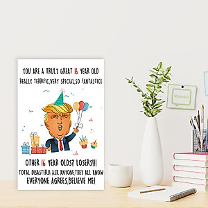 Missonemi Funny Trump 16th Birthday Card for Him Her, Humorous Donald 16th Birthday Card Gift for Son Daughter, 16 Year Old Birthday Decoration for Niece Nephew