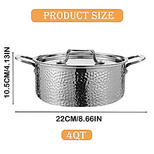 Vivicreate Tri-Ply Stainless Steel Stockpot, Deep Cooking Pot with Lid, Hammered Exterior, Silver (4 Quarts)