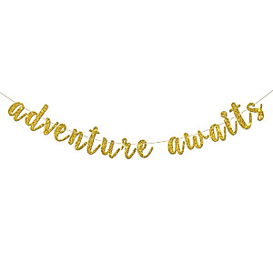 Adventure Awaits Banner, Wedding Engagement Party Bunting Decor, Congrats Grad, Birthday Retirement Sign Graduation Party Decorations Gold Glitter