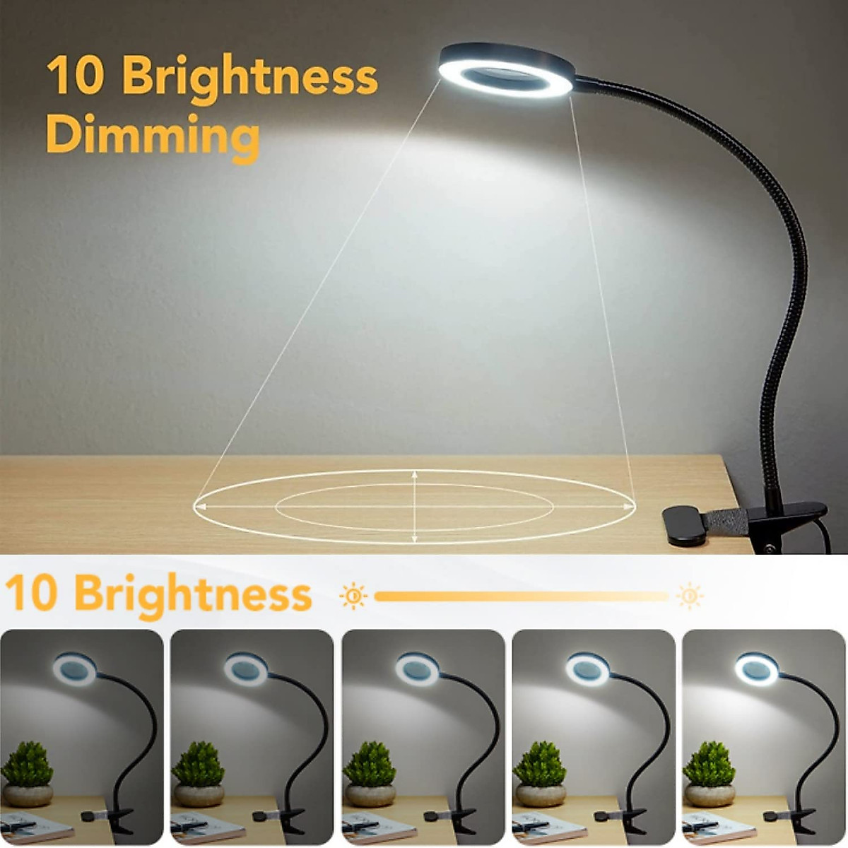 lishumei LED USB 5X Magnifying Desk Lamp with Clamp, 48 LED Desk Lamp with 3 Color Modes 10 Brightness, 360 ° Flexible Gooseneck Clamp Lamp for Bed Headboard Reading Makeup Eyebrow