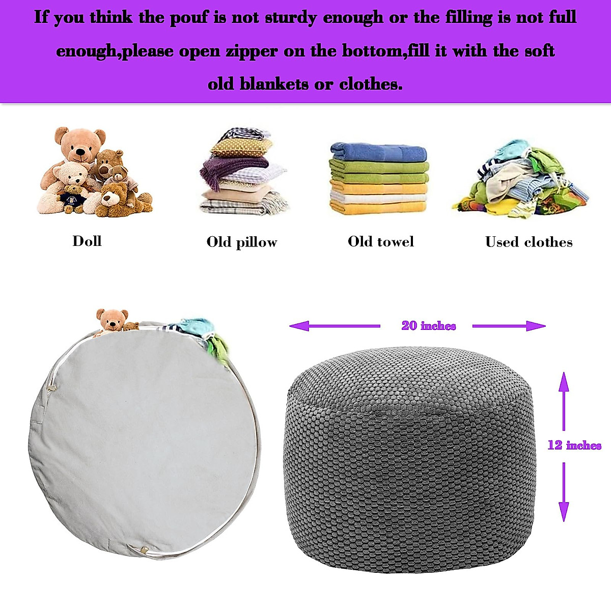 Poofieotto Pouf Ottoman Stuffed with PP Cotton Pouf Filler, Velvet Floor Pouf,Round Ottoman Foot Stool Cushion Storage Ottoman, 20 * 12 Inches Foot Rest for Living Room, Home Decor (Dark Gray)