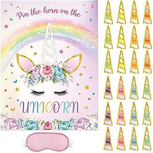 WERNNSAI Pin The Horn on The Unicorn Game - 20'' x 29'' Unicorn Party Game for Girls with 24 PCS Horns Unicorn Birthday Party Supplies for Wall Home Room Decorations