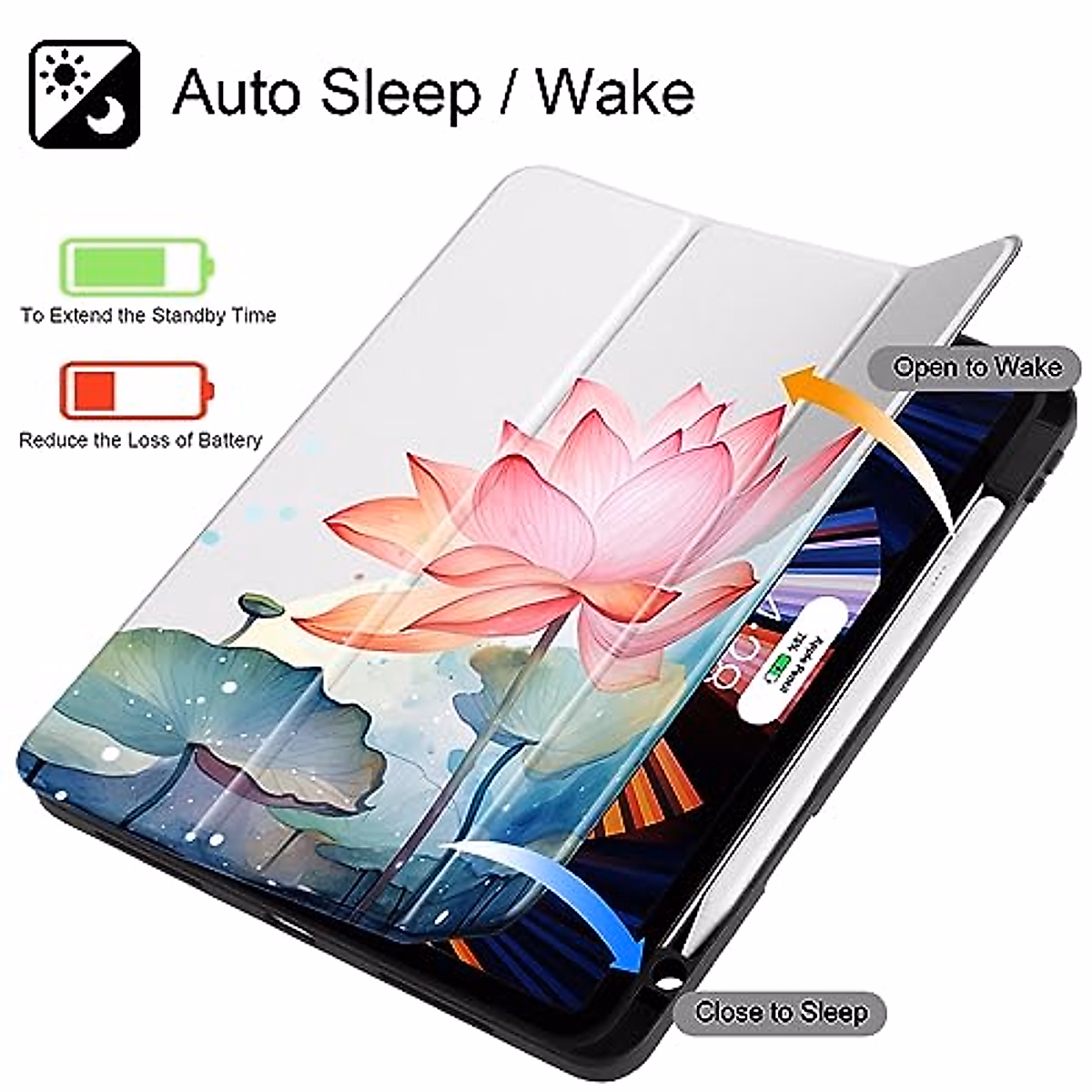 SUROCASE for iPad Pro 11 Inch M2 Case, Clear Back & TPU Cover with Trifold Stand+Pencil Holder for iPad Pro 11 Inch 4th Generation 2022 / 3rd Gen 2021/ 2nd Gen 2020 / 1st Gen 2018, Spring Lotus