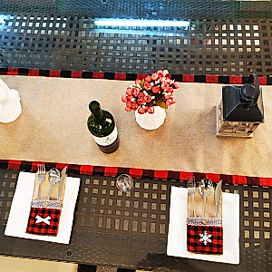 Vanteriam Natural Burlap Cutlery Holder Pouch Bags with Lace Trim, Knife and Fork Silverware Hold Bag, Christmas Utensil Holder Table Decoration for Christmas and Wedding Party 12 Pack