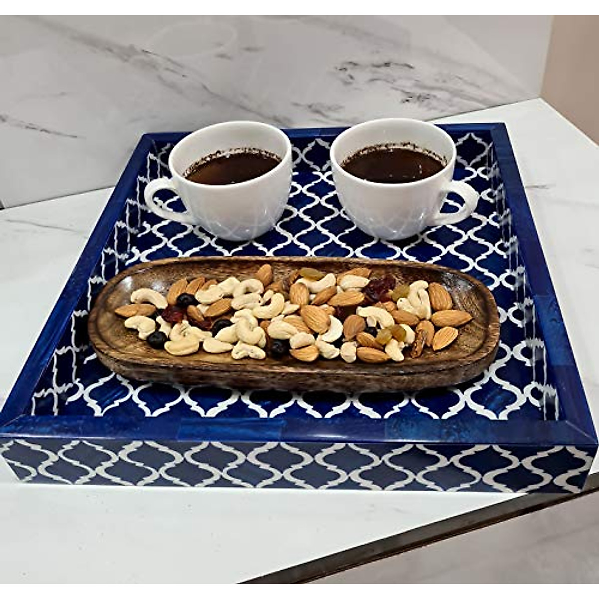 A Bone Exotic Designer Handmade Tray Kitchen Usage Coffee Table Top Drinks Serve Trays Vintage Square Blue Tray,12X12, Blue & White