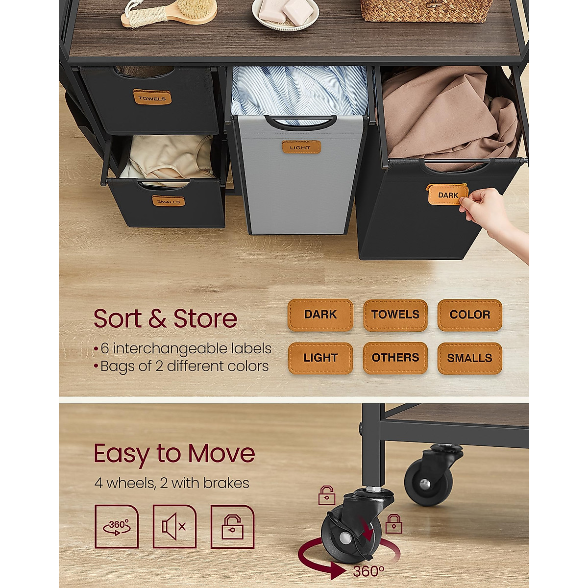 VASAGLE Laundry Hamper with 4 Compartments, 39.6 Gal. (150 L) Laundry Sorter, Rolling Laundry Cart with Shelves, Small Side Pockets, 6 Labels, Chestnut Brown, Ink Black and Dove Gray UBLH203B01