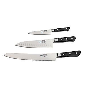 MAC Knife set Professional series 3-piece PRO-31, MTH-80 Pro series 8" Chef's knife w/dimples, PKF-50 Pro series 5" Paring knife, MSB-105 Pro series 10.5" Bread/Roast slicer, made in Japan