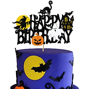 Halloween Cake Topper Glitter Halloween Birthday Cake Toppers Decorations for Boys Girls Spooky Cat Witch Ghost Castle Pumpkin Halloween Happy Birthday Party Decoration Supplies