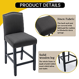 KCC Counter Height Bar Stool 26 Inches Upholstered High Back Barstool with Antique Nail Heads Solid Wood Set of 2 Counter Height Bar Chairs,Gray
