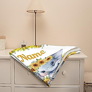 Personalized Baby Blanket Gifts for Girls Boys-Super Soft Comfy Flannel Throw Custom Name Sunflower Elephant Newborns Gift Cozy Nursery Toddler Fleece Blankets for Birthday Bed Sofa-30''x40''