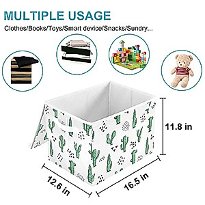 CaTaKu Cute Cactus White Storage Bins with Lids and Handles, Fabric Large Storage Container Cube Basket with Lid Decorative Storage Boxes for Organizing Clothes