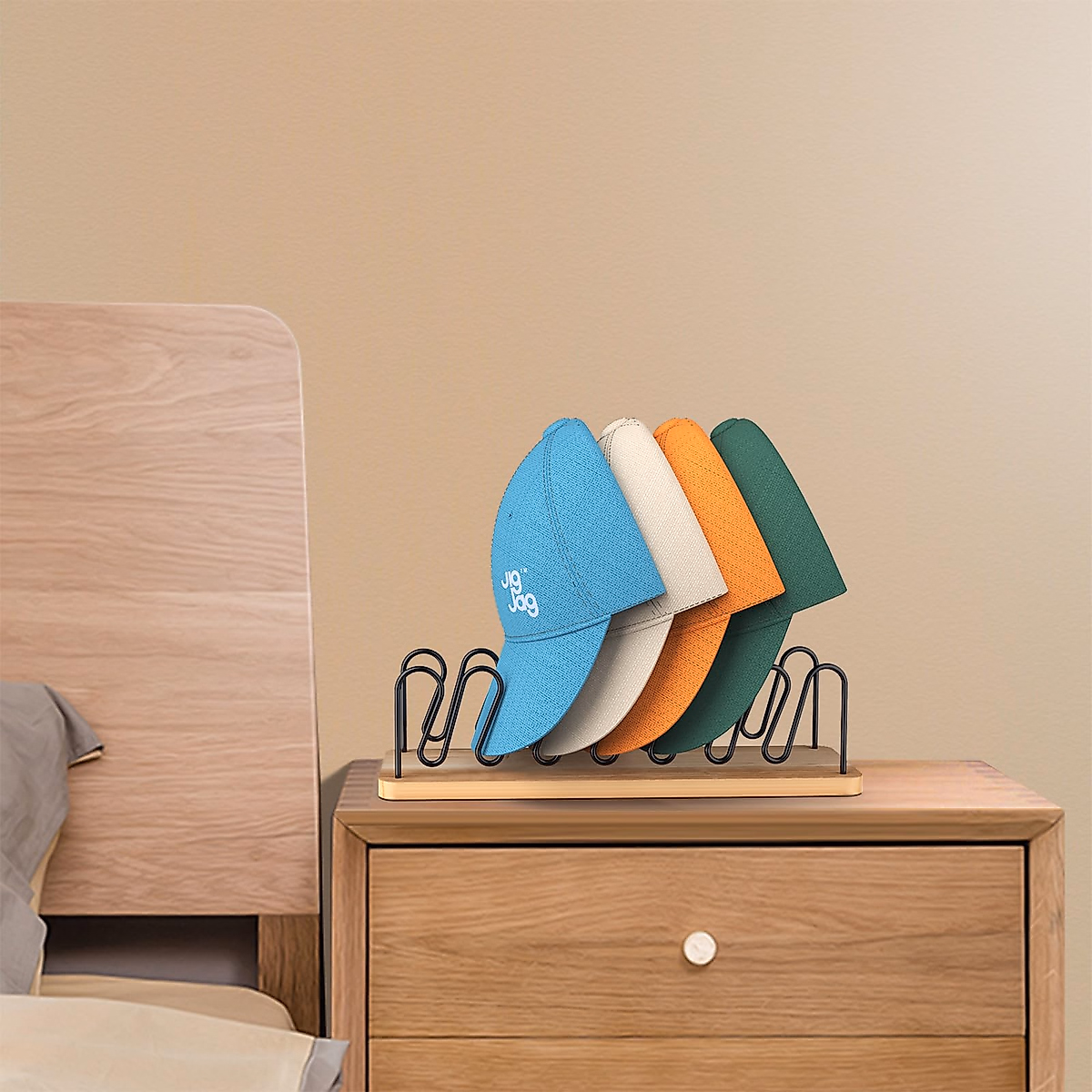 JigJag Hat Organizer for Baseball Caps 2 Pack, Premium Wood and Metal Design Hat Storage for Baseball Caps for 14Caps, Tabletop Hat Racks for Baseball Caps for Closet, Dresser, Entrance (2PCS)