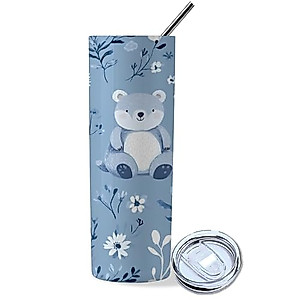 Tumbler with Lid and Straw Cartoon Bear Flowers and Plants thermos coffee travel mugcute cups 20 oz insulated tumbler for Daily Holiday Decor Gift coffee cup