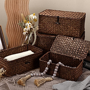 Woanger Set of 4 Seagrass Storage Bins with Lid Wicker Storage Baskets Organizer for Organizing, Woven Bins Home Utility Box for Home Office Supplies(Coffee)