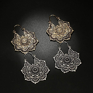Hithop Vintage Mandala Flower Drop Dangle Earring for Women Tribal Hollow Floral Pendant Earrings (Silver)