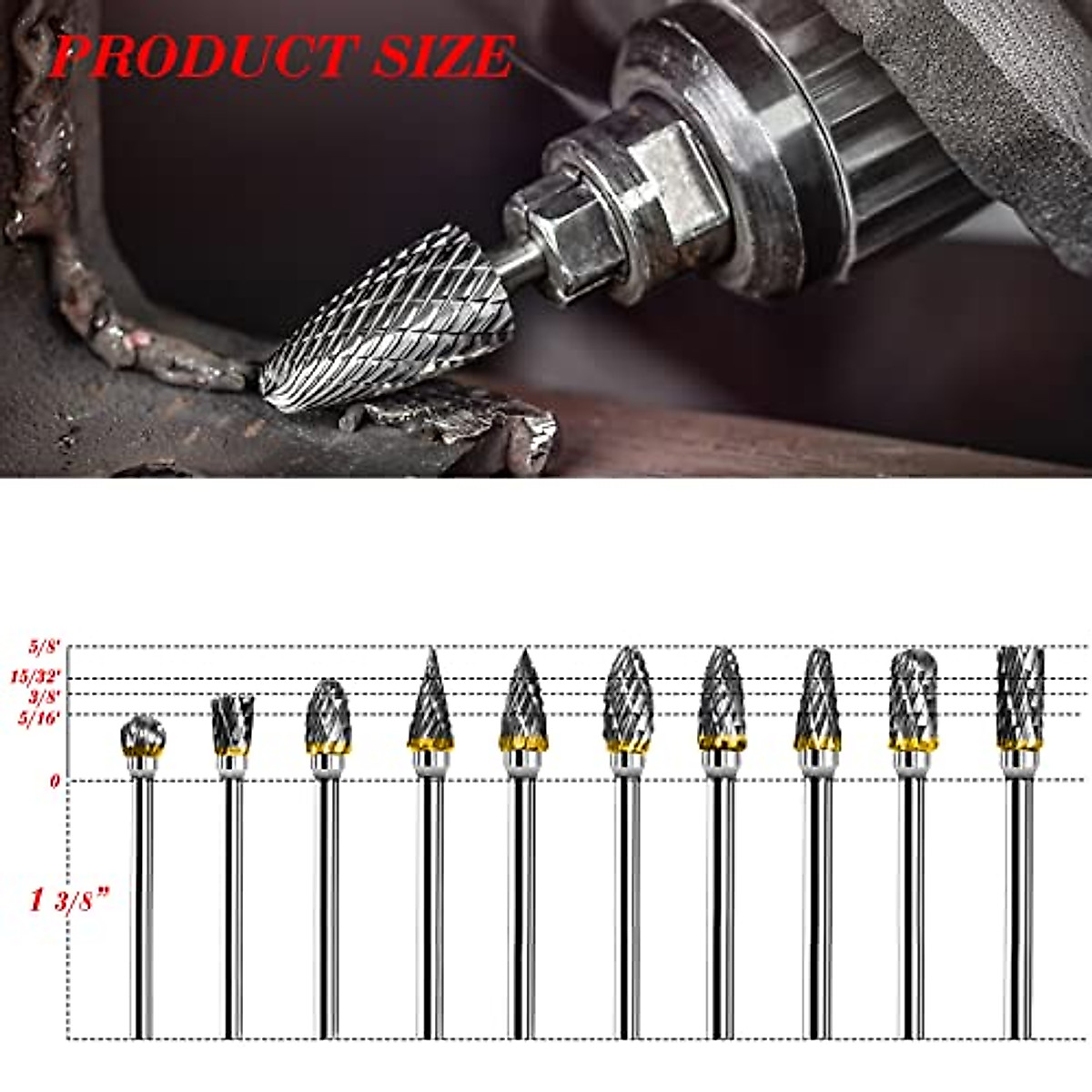 Carbide Rotary Burr Set - BIGOU 10PCS Double Cut Carving Burr Bits Tungsten Carbide 1/8" Shank 1/4" Grinding Head for DIY Carving Metal Polishing Engraving Drilling