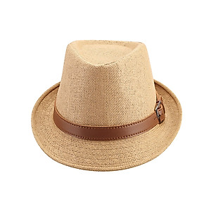 FALETO Summer Straw Fedora Hat for Men Women Mens Beach Hats Cuban Hat Sun Hat Unisex Short Brim Fedora Panama Trilby Hat with Leather Belt