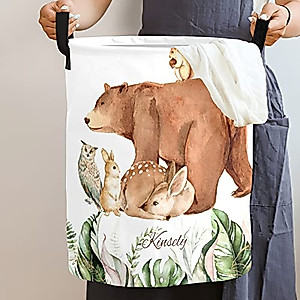 Woodland Animals Personalized Laundry Basket Clothes Hamper Storage Handle Waterproof, Custom Laundry Round Collapsible Capacity for Bedroom Bathroom Toy Decoration