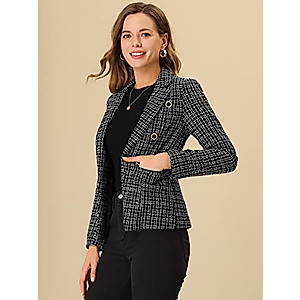 Allegra K Women's Elegant Plaid Jacket Long Sleeve Open Front Tweed Blazer Medium Black