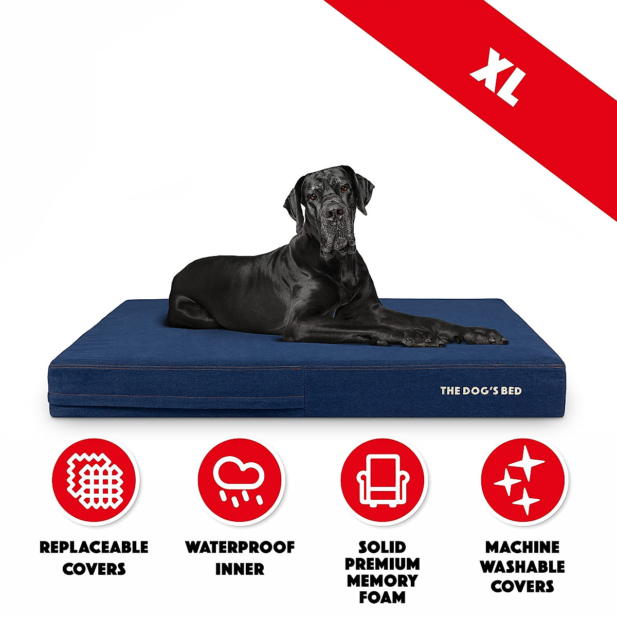 The Dog’s Bed Orthopedic Memory Foam Dog Bed, XXL Blue Denim54x36, Pain Relief for Arthritis, Hip & Elbow Dysplasia, Post Surgery, Lameness, Supportive, Calming, Waterproof Washable Cover