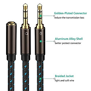JewMod Headphone Splitter for 3.5mm Female to 2 Dual 3.5mm Male Headphone Mic Audio Y Splitter Cable Nylon-Braided Smartphone Headset to PC Adapter - (1Ft)