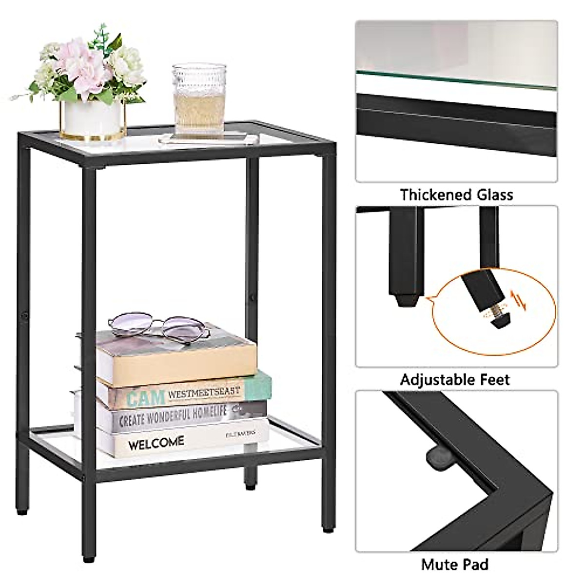 HOMSHO Side Tables Set of 2, End Tables with Tempered Glass, 2-Tier Nightstands with Storage Shelves, Slim Sofa Table for Living Room, Bedroom (2, Black)