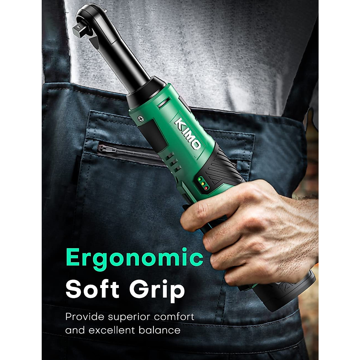 KIMO 3/8" Extended Electric Ratchet Wrench Set, 40 Ft-Lbs 400 Rpm 12V Cordless Wrench w/ 2-Pack 2.0 Ah Batteries, 1 Hour Fast Charger & 8 Sockets, Power Ratchet w/Variable Speed & LED Light