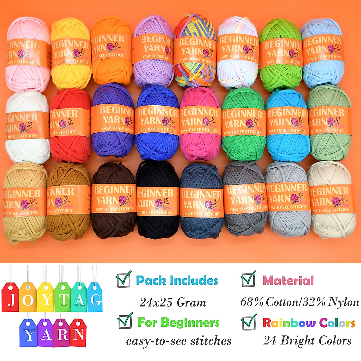 24 Pack Beginners Crochet Yarn Blue Green Pink Purple Yellow Rainbow Cotton Crochet Yarn for Crocheting Knitting Beginners with Easy-to-see Stitches Mini Crochet Yarn for Beginners Crochet Kit(24x25g)