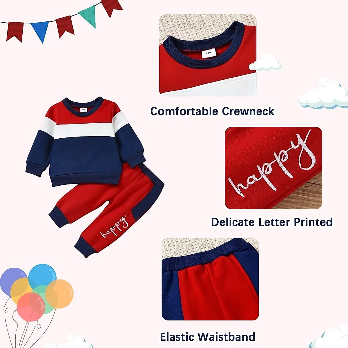 12-18 Months Boy Clothes Toddler Infant Long Sleeve Multi-Color Sweatshirt Tops + Pants Fall Winter Outfit Set 2Pcs,Red navy boy clothes 12-18M/110cm