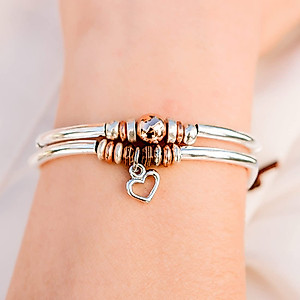 Lizzy James Colette Silver & Rose Gold Adjustable Bracelet with Silver Heart Charm in Natural Antique Brown Leather for Women