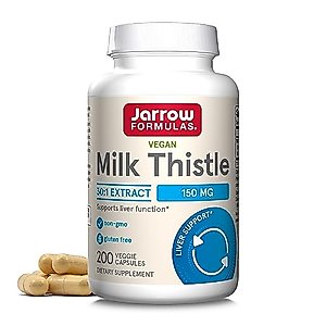 Jarrow Formulas Milk Thistle 150 mg With 30:1 Standardized Silymarin Extract, Dietary Supplement for Liver Function Support, 200 Veggie Capsules, 66-200 Day Supply