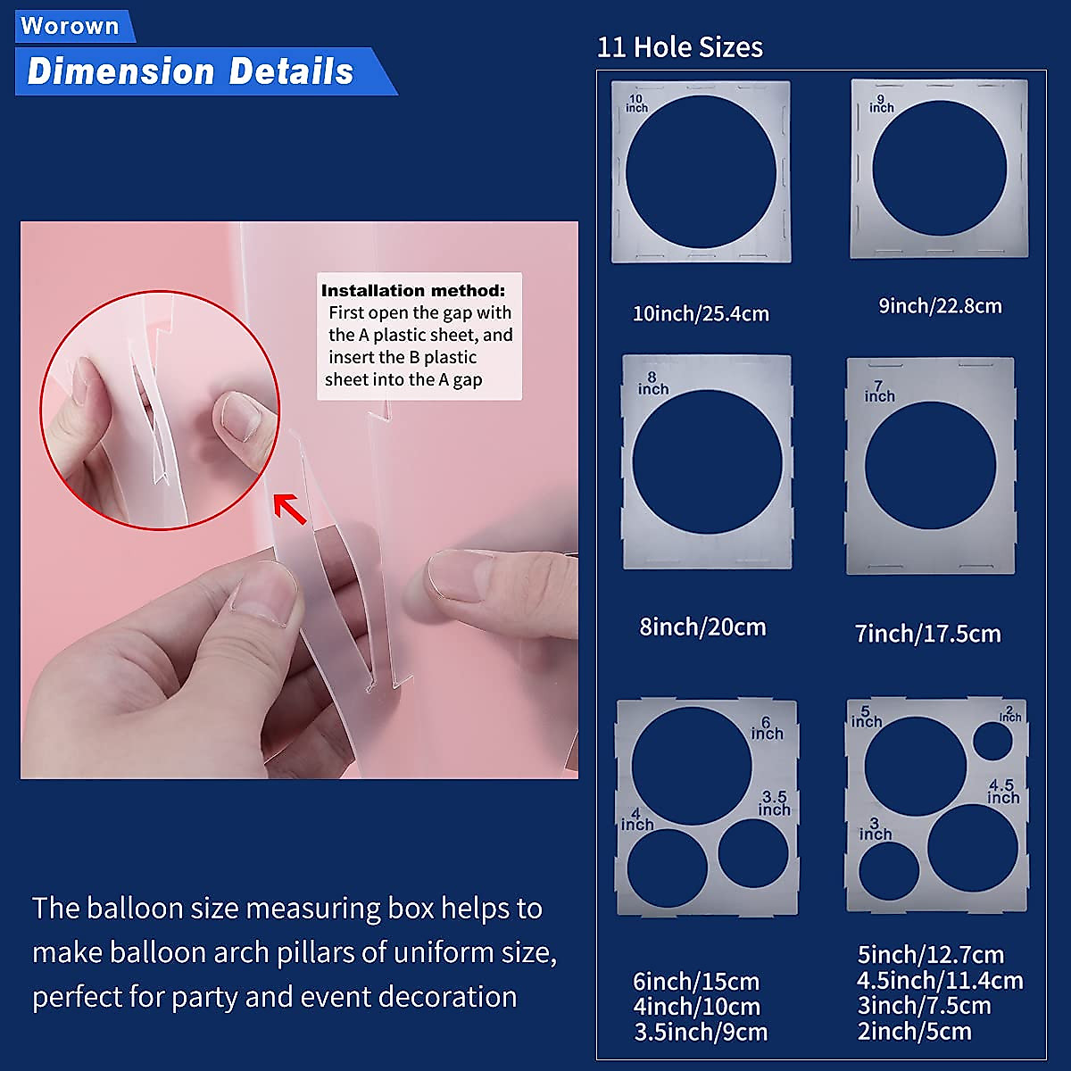 Worown 11 Holes Collapsible Plastic Balloon Sizer Box Cube, Balloon Size Measurement Tool for Balloon Decorations, Balloon Arches, Balloon Columns (2-10 Inch)