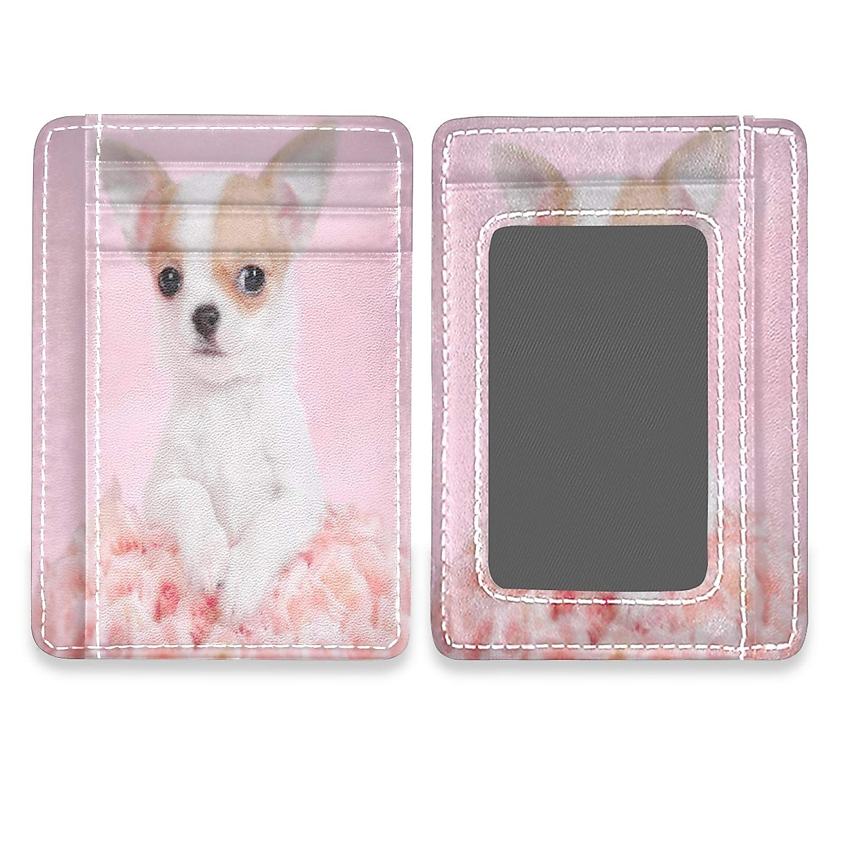 Linomo Thin leather Card Holder and Money Clip Cute Chihuahua Dog Pink Rose Wallet RFID Blocking for Men & Women