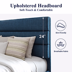 Allewie Full Size Platform Bed Frame with Fabric Upholstered Headboard and Wooden Slats Support, Fully Upholstered Mattress Foundation/No Box Spring Needed/Easy Assembly, Navy Blue