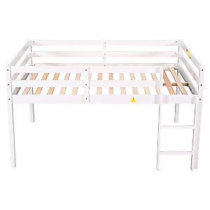 HABUHOME Low Loft Bed Full Size, Wood Loft Bed with Ladder, Full Loft Bed Frame with Safety Guardrail for Kids Teens Boys Girls,White