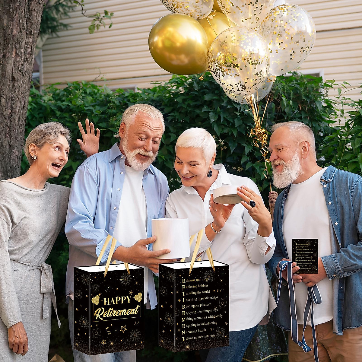 Retirement Gift Bag Happy Retirement Gift Wrapping Paper Bag with Tissue and Funny Retirement Card Black Gold Happy Christmas Retirement Party Decorations Gifts for Men Women Farewell Party Supplies