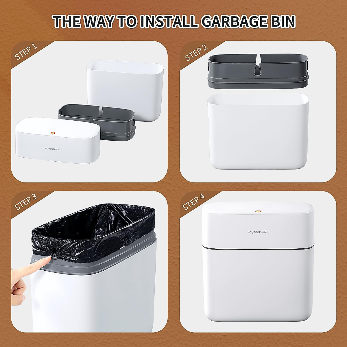 JOYBOS Small Bathroom Trash Can with Lid - 14L/3.7 Gallon Popup Lid Garbage Can, Rectangular Plastic Covered Trash Bin, Soft Close Slim Wastebasket