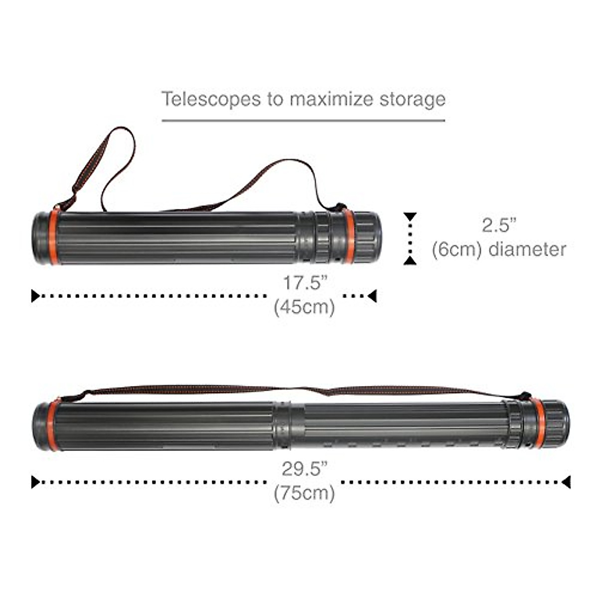 Black Plastic 17.5” x 2.5” Diameter Telescoping Document and Poster Storage Transit Tube w/Nylon Carrying Strap (1 Pack)