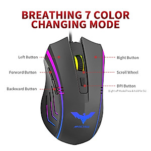 Havit Gaming Mouse RGB Wired,6 Adjustable DPI(800-1600-2400-3200-4800-6400) USB Ergonomic Computer Mice with 6 Buttons for Laptop PC Gaming (RGB)