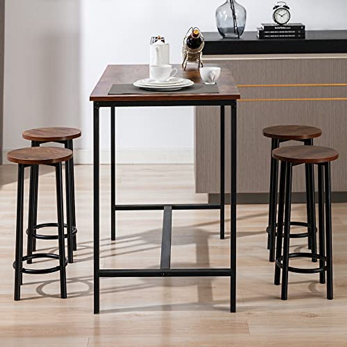 5 Piece Bar Table Set, 43.3” Industrial Dining Table Set, Counter Height Table with Bar Stools Set of 5, Kitchen Breakfast Table and Chairs for Dining Room, Living Room, Apartment