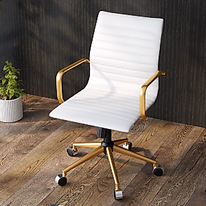 COROCC Office Desk Chair Modern Conference Room Task Chairs Leather Computer Swivel Excutive Ribbed Ergonomic Rolling Chair for Bed Room White and Gold Chair