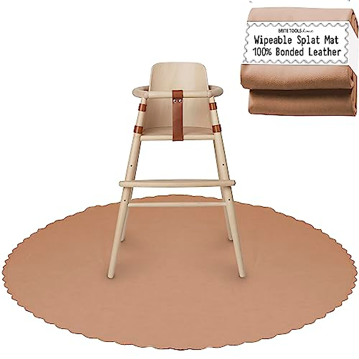 Brite Tools Premium Leather Splat Mat Under High Chair 52” Anti-Slip Bonded Suede Backing Wipeable Waterproof Stain Spill Resistant Floor Cover Portable Baby Drop Table Cloth Blanket (Brown (Round))